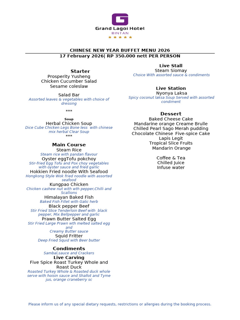 Chinese New Year Buffet Menu 17 February 2025 | PDF | Chinese Cuisine ...