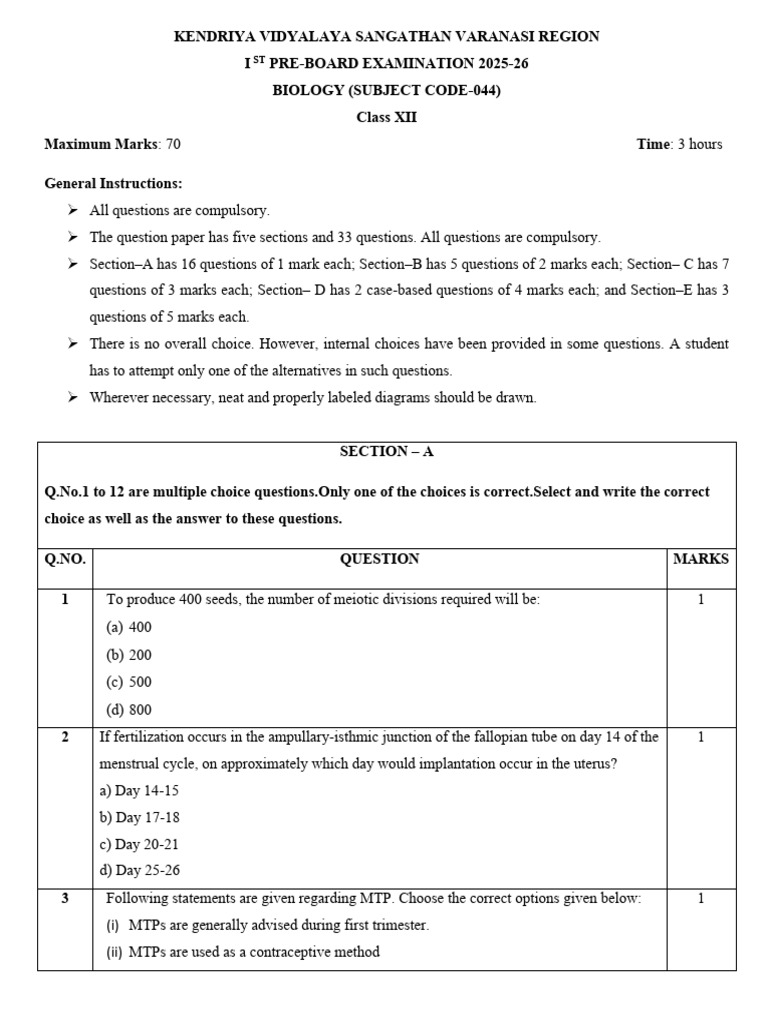 XII (BIO) QP Pre-Board 1 Biology 2025-26 | PDF | Malaria | Plasmodium