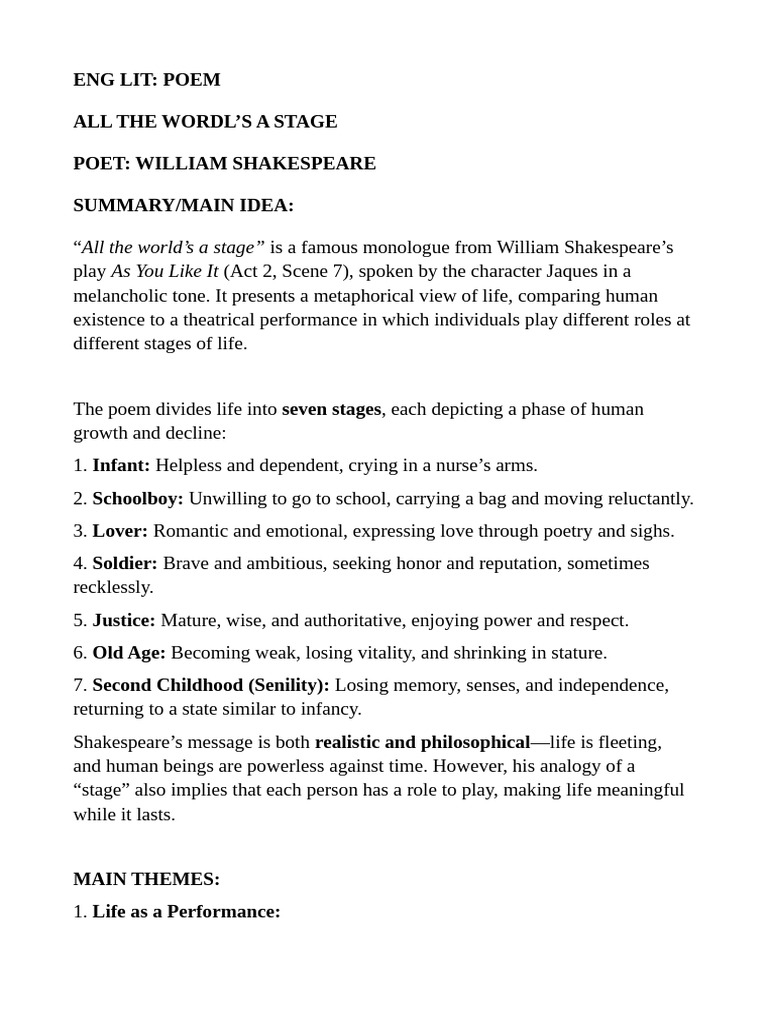 Eng Lit Poem All The World's A Stage | PDF | Poetry | William Shakespeare