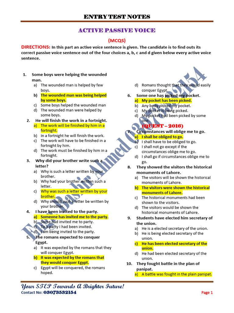Most Important Active Voice Notes For Entry Test | PDF | Sky