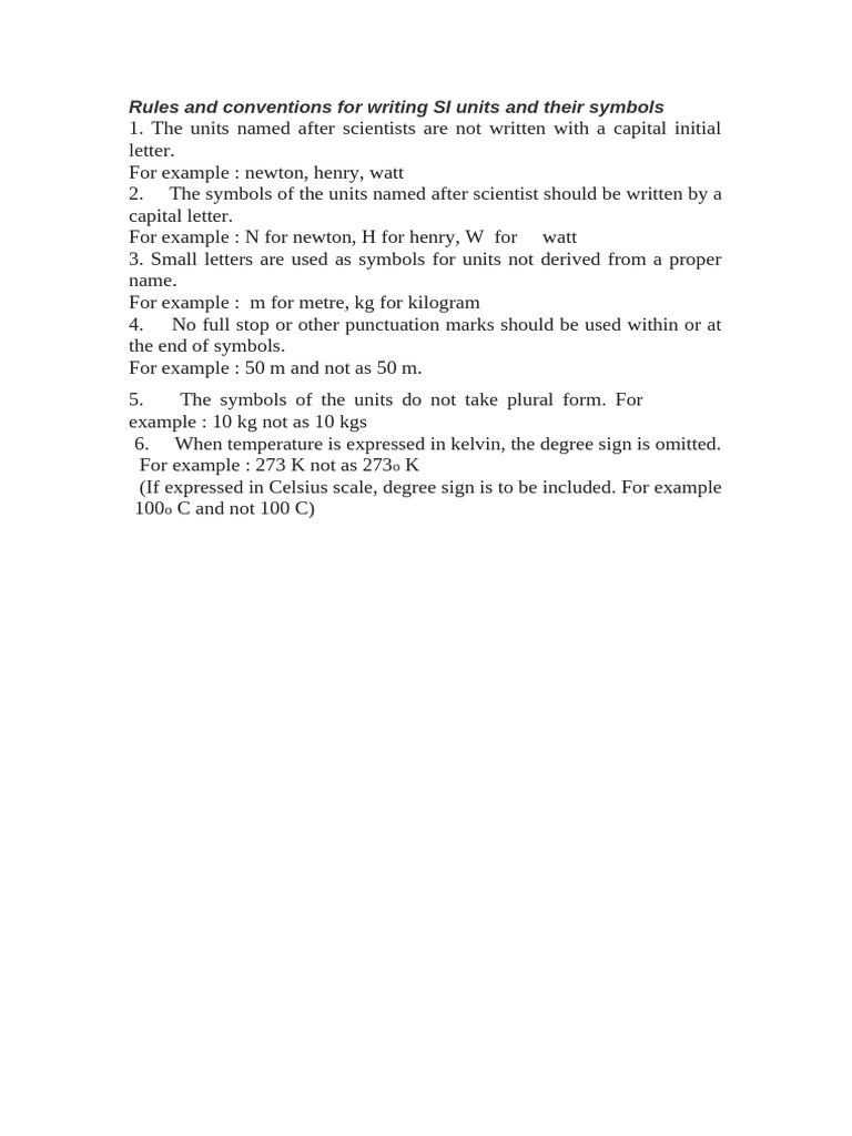 Rules and Conventions For Writing SI Units and The | PDF