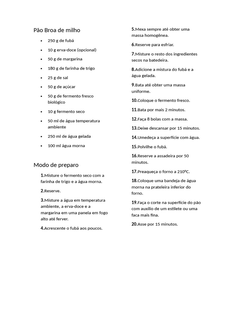 Pão Broa de Milho 2026 | PDF