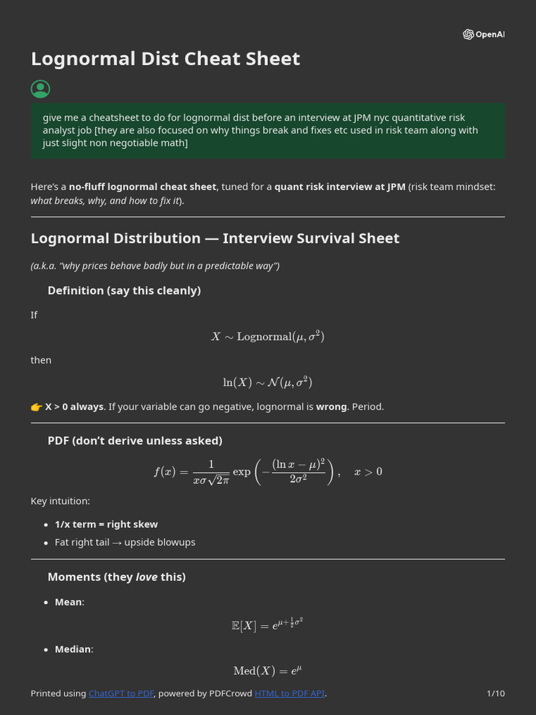 Lognormal Dist Cheat Sheet | PDF | Value At Risk | Standard Deviation