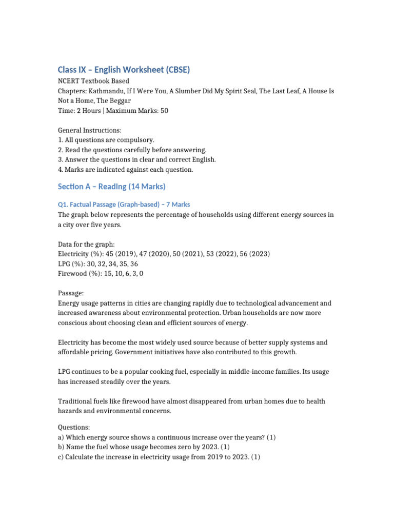 Class 9 English Worksheet Question Paper | PDF