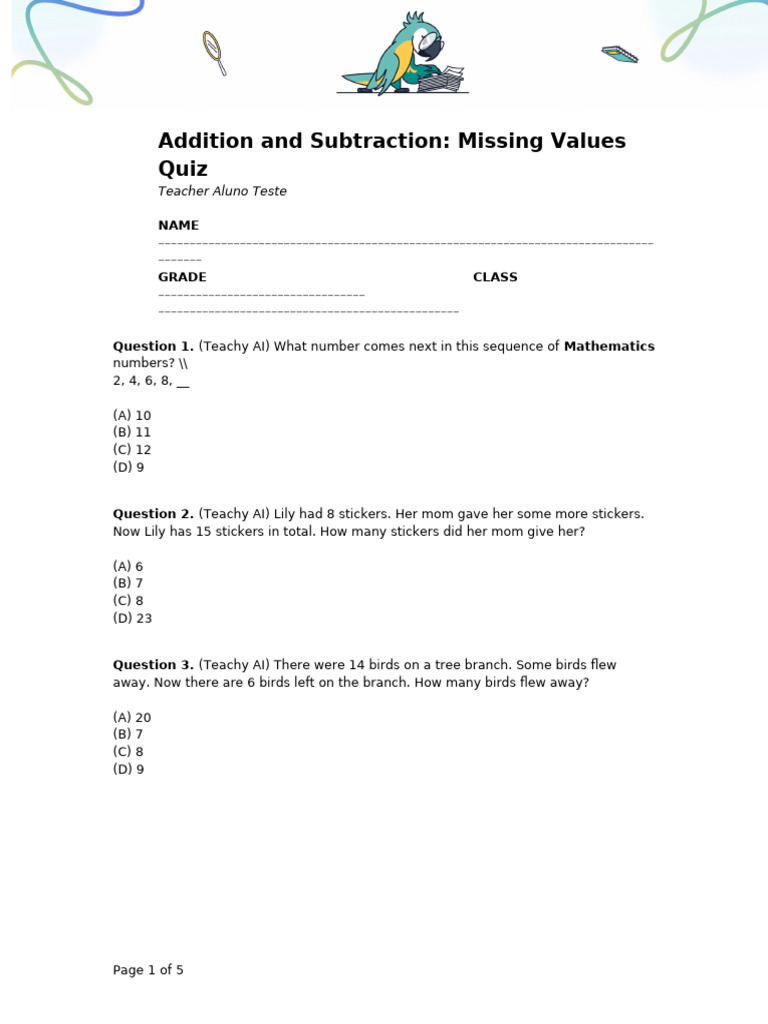 Addition and Subtraction Missing Values Quiz | PDF | Triangle | Shape