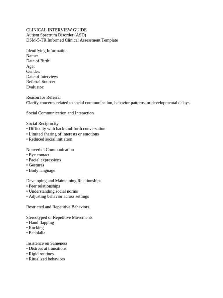 ASD DSM-5-TR Informed Clinical Assessment Template | PDF
