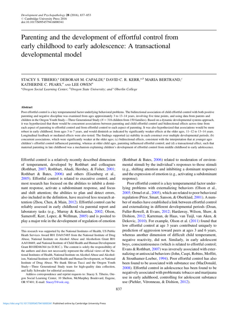 Parenting and The Development of Effortful Control From Early Childhood ...