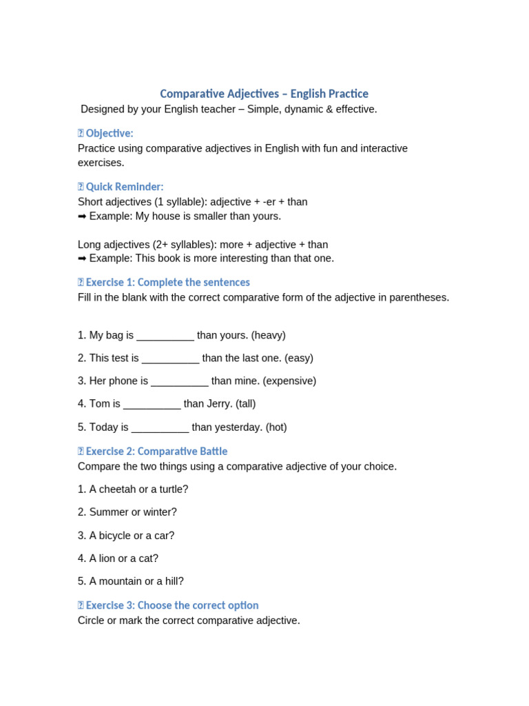 Comparative Adjectives Practice | PDF