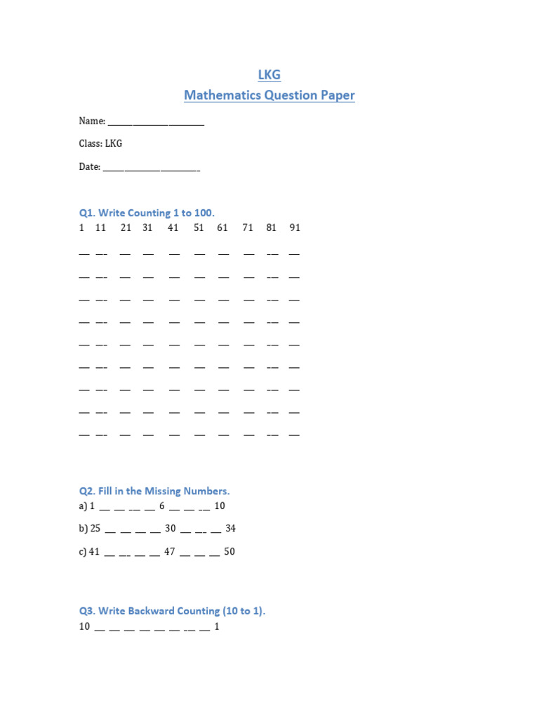 LKG Mathematics Question Paper | PDF