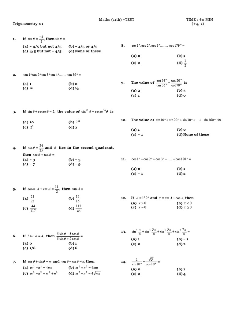 11th Test Trigonometry 01 | PDF | Chess Theory | Chess