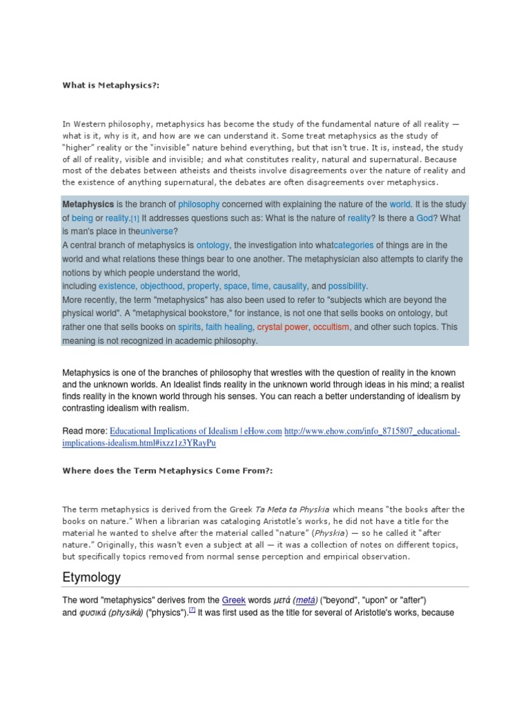 Understanding Metaphysics: Key Concepts | PDF | Metaphysics | Idealism