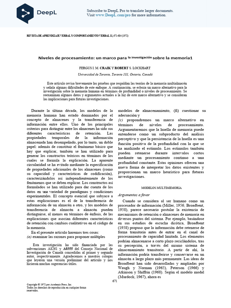 Craik Lockhart 1972 Levels of Processing A Framework For Memory-1 | PDF ...