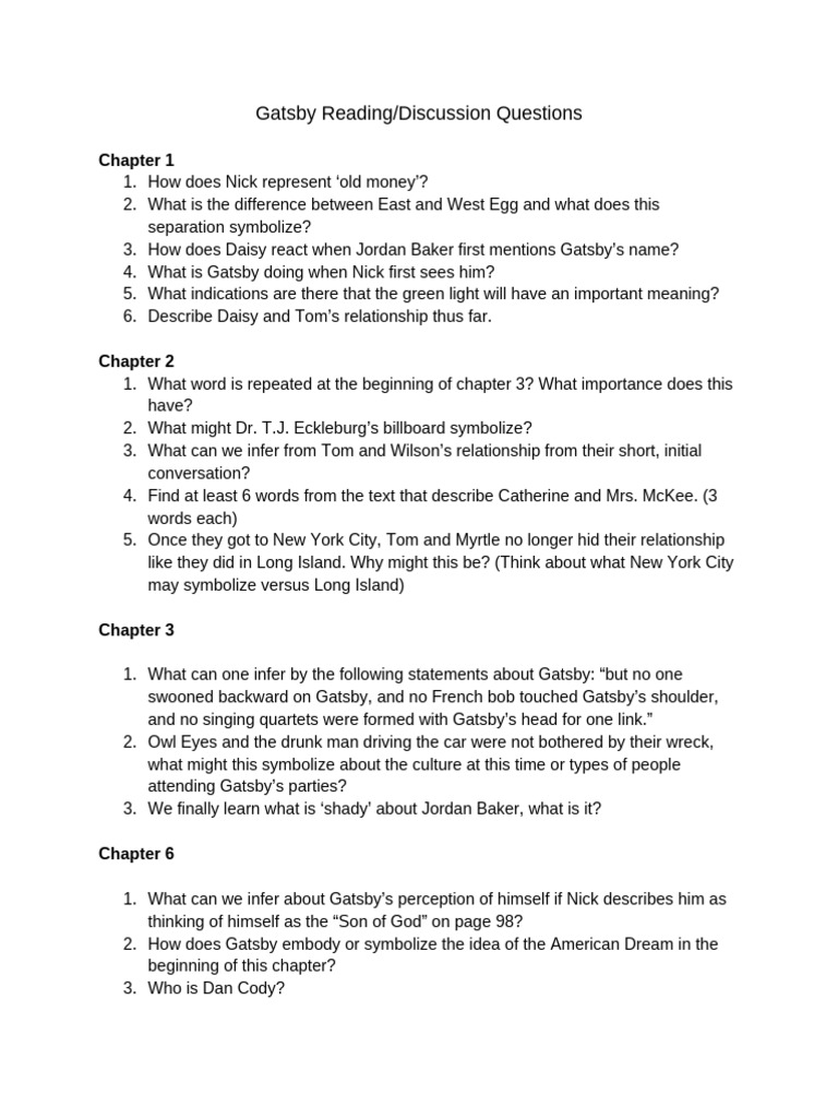 GatsbyDiscussionQuestions 1 | PDF | The Great Gatsby