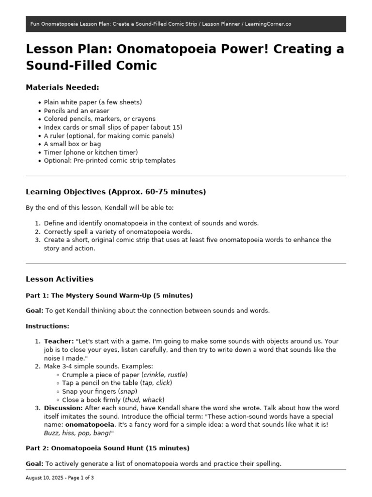 Learning Corner Lesson Plan 2025-08-10 Fun Onomatopoeia Lesson Plan ...
