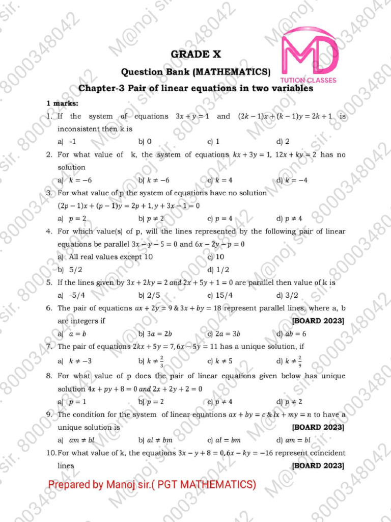 Class X Mathematics Questions Bank - Chapter 3 PAIR OF L.E | PDF