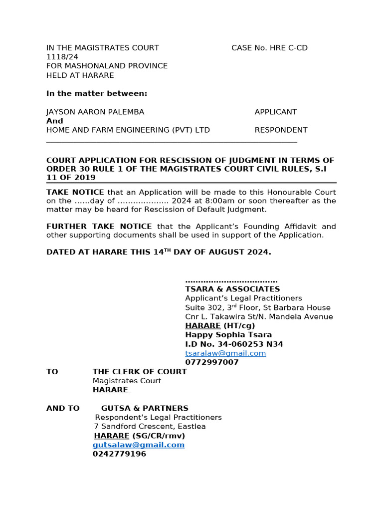 Court Application For Rescission of Default Judgment - Palemba | PDF ...