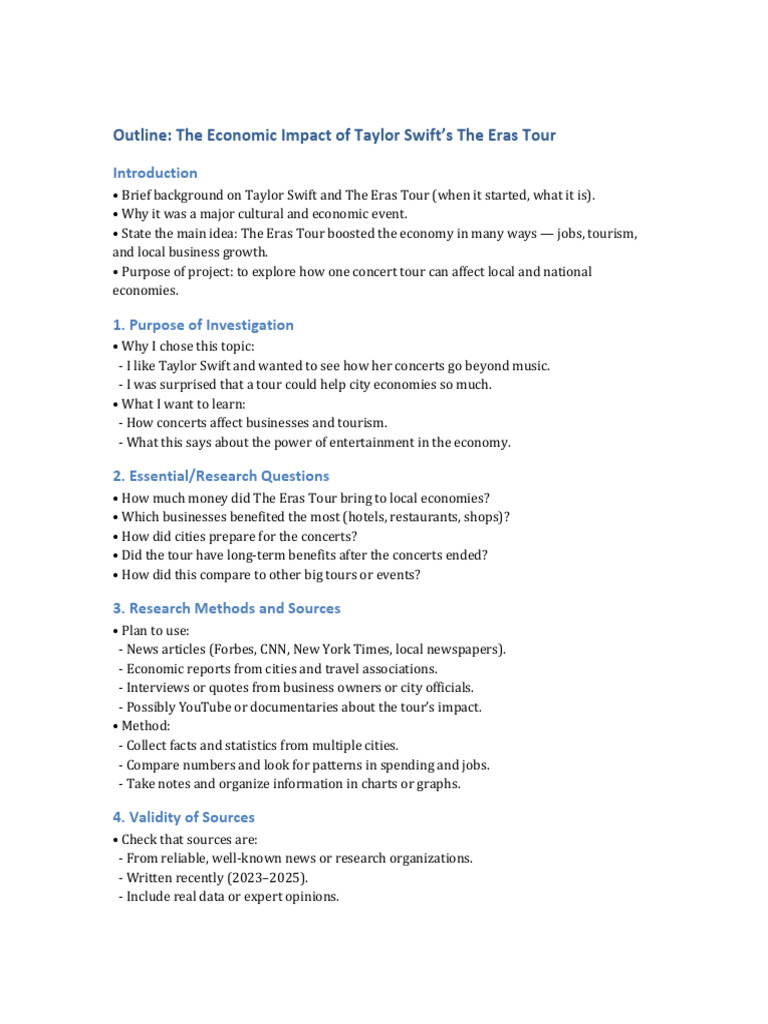 Taylor Swift Eras Tour Economic Impact Outline | PDF | Tourism | News