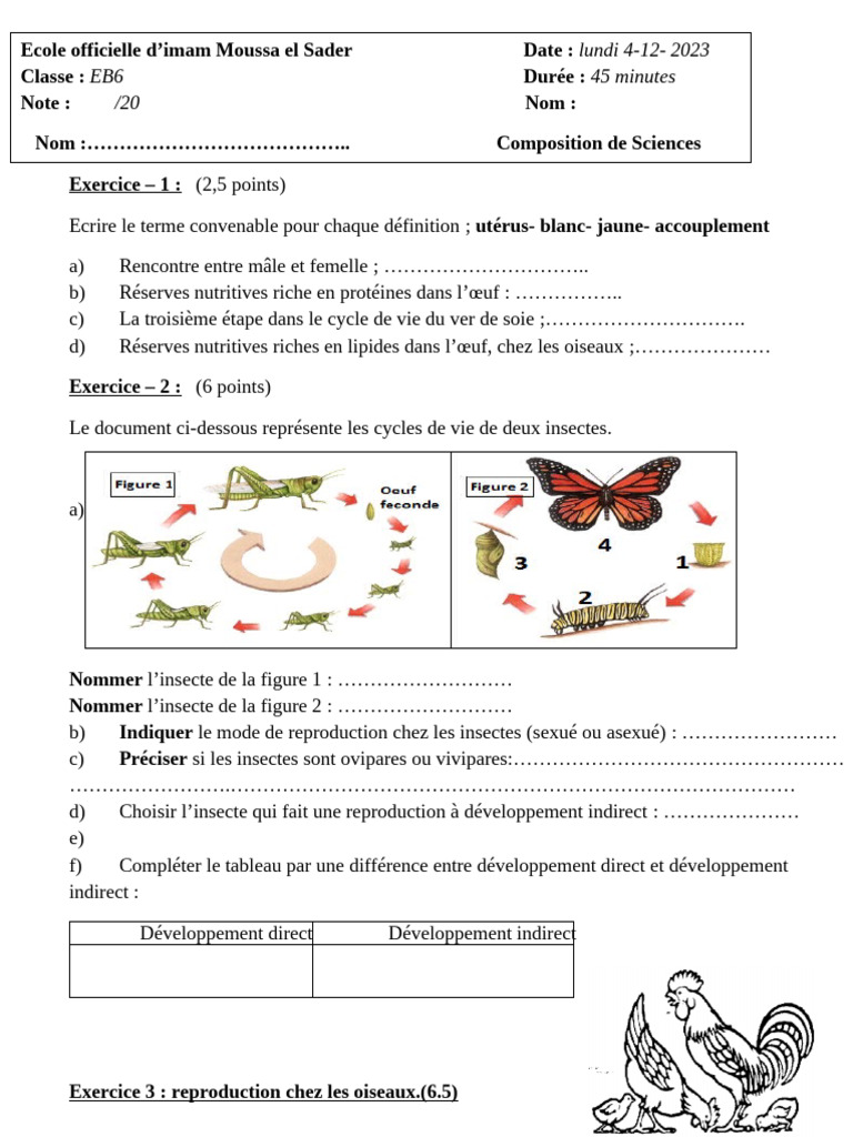 Controle Science Eb6 Reproduction Sexuee Dec 2023 | PDF | Poulet | la ...