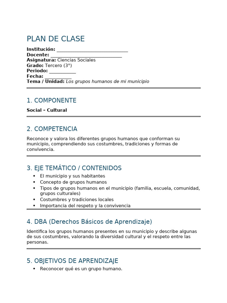 Plan de Clase - Los Grupos Humanos de Mi Municipio (3°) | PDF ...