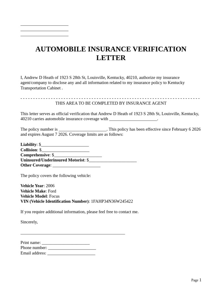 Auto Insurance Verification Letter Template | PDF