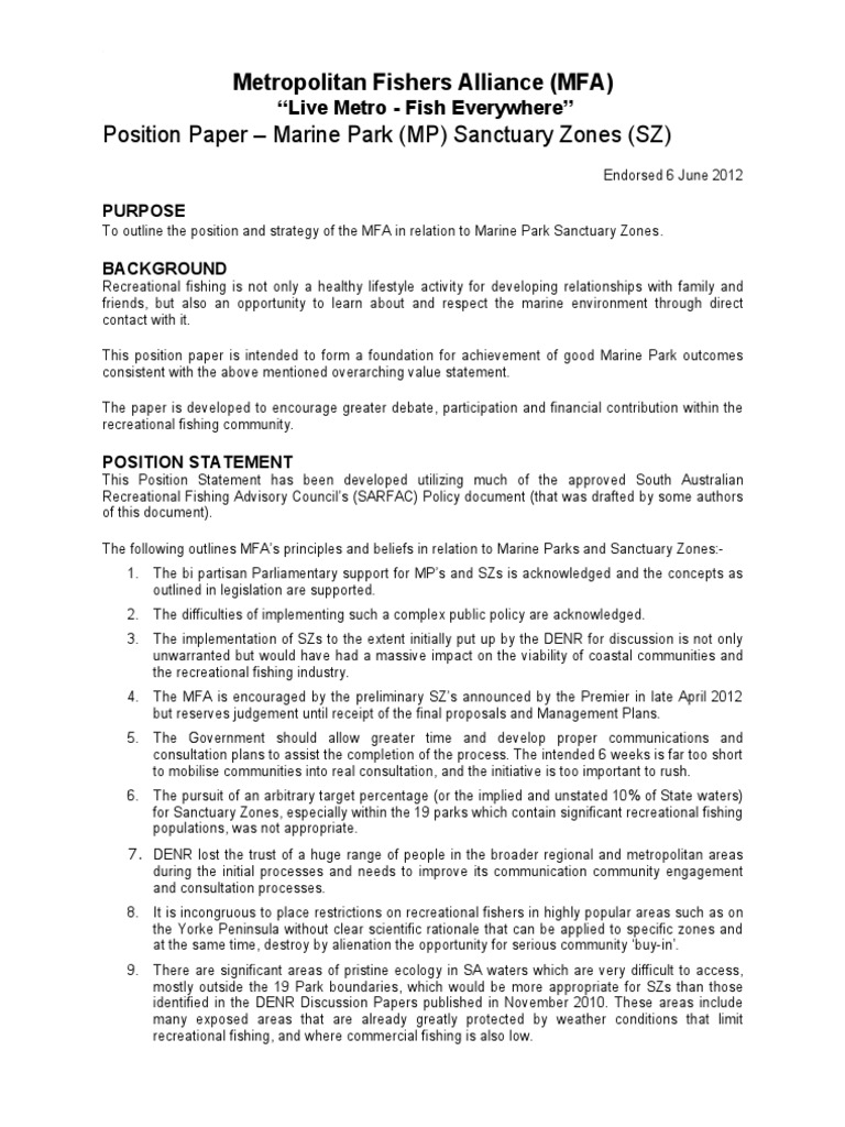 MPA Position Paper | PDF | Recreational Fishing | Ecology