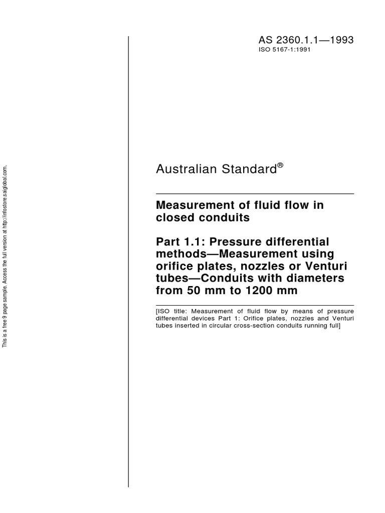 As 2360.1.1-1993 Measurement of Fluid Flow in Closed Conduits Pressure ...