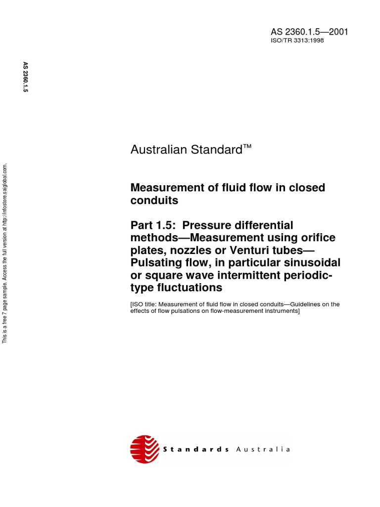 As 2360.1.5-2001 Measurement of Fluid Flow in Closed Conduits Pressure Differential Methods ...
