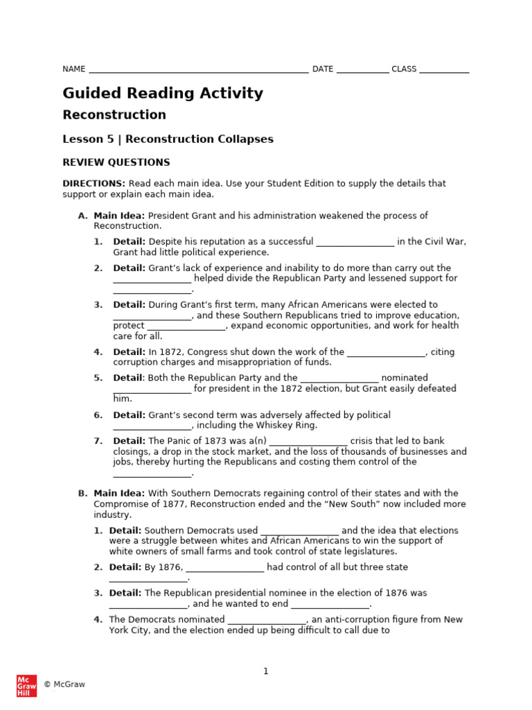 Guided Reading Activity - Reconstruction Collapses (Editable) | PDF ...