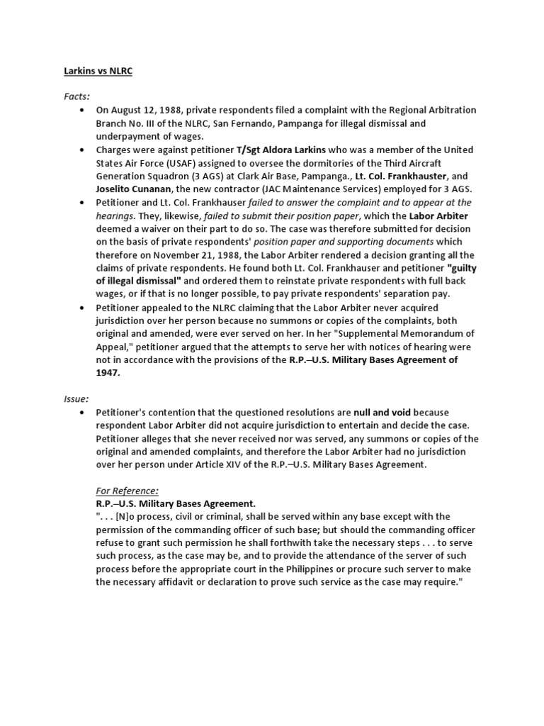 Larkins Vs NLRC Digested | PDF | Summons | Arbitration
