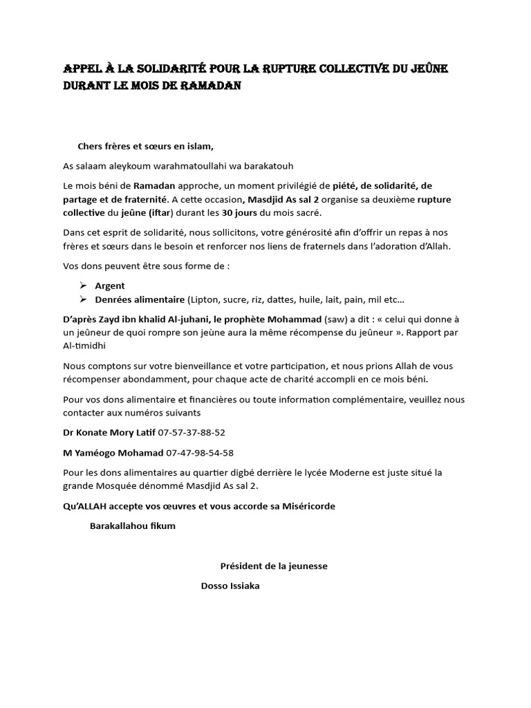 Appel À La Solidarité Pour La Rupture Collective Du Jeûne Durant Le ...