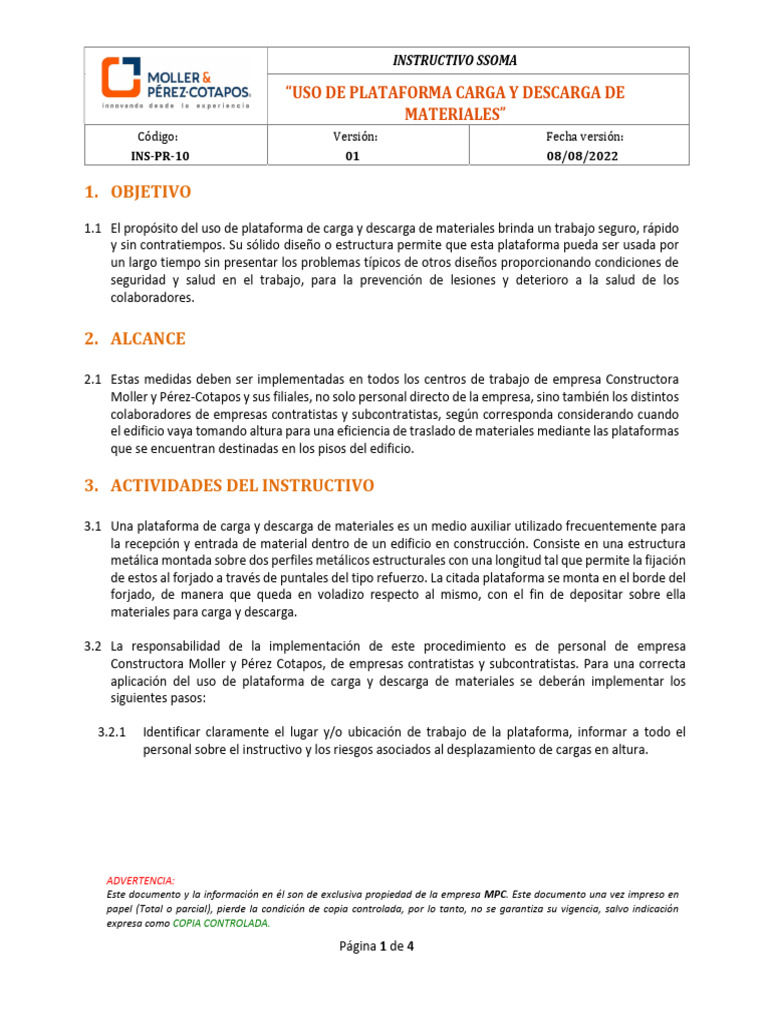 INS-PR-10 Instructivo Uso Plataforma Carga y Descarga de Materiales | PDF