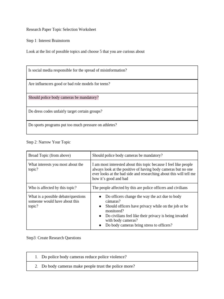 Jazmin Solorio - Research Paper Topic Selection Worksheet | PDF | Human ...