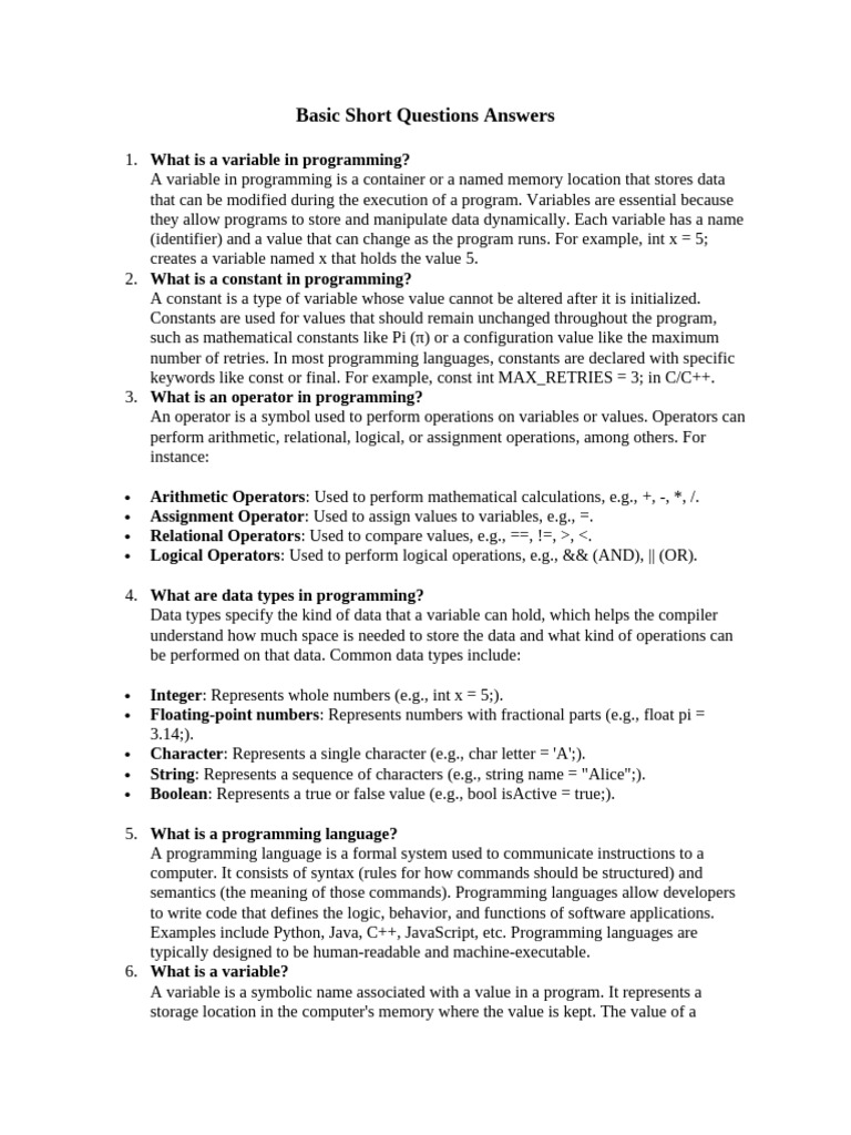 PF Basic Short Questions Answers | PDF | Mathematics | Computer Science