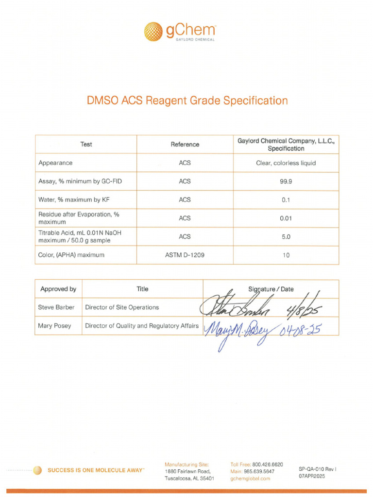 SP QA 010I DMSO ACS Reagent Grade Specification | PDF