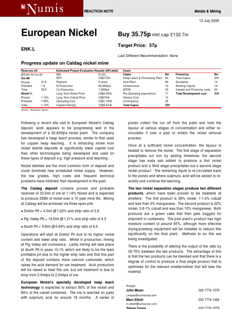 Broker Note, European Nickel, 13/07/2006 (Numis) | PDF | Nickel | Business