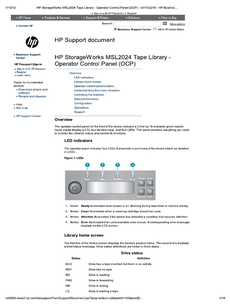 HP MSL2024 Tape Library - Operator Control Panel (OCP) | PDF