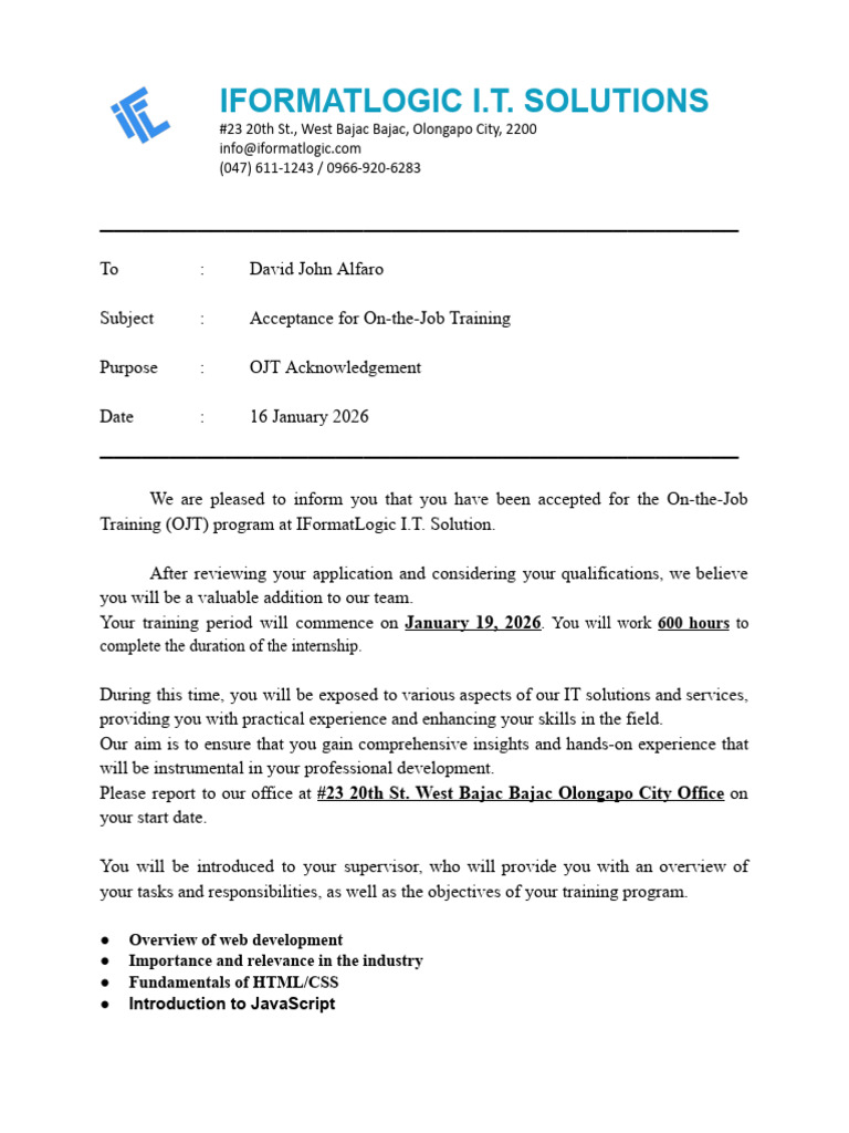 Ojt Acceptance Letter David John Alfaro | PDF | Computing | Software ...