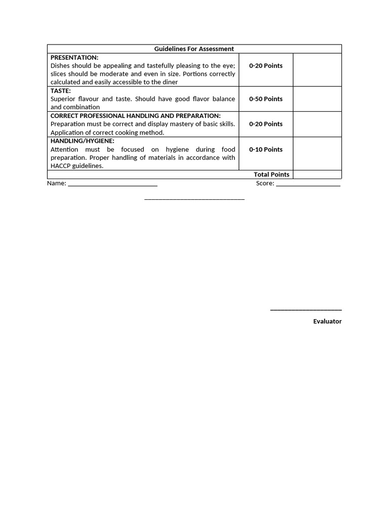 Rubrics For Cooking | PDF