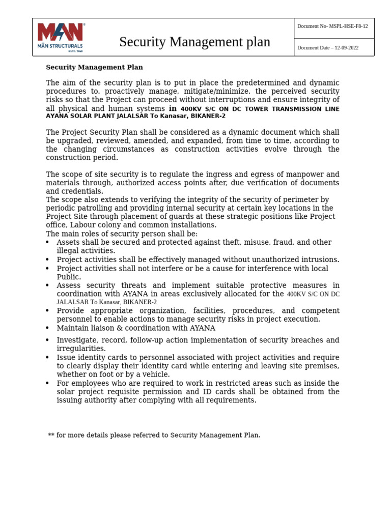 Security Management Plan MSPL-HSE | PDF | Identity Document