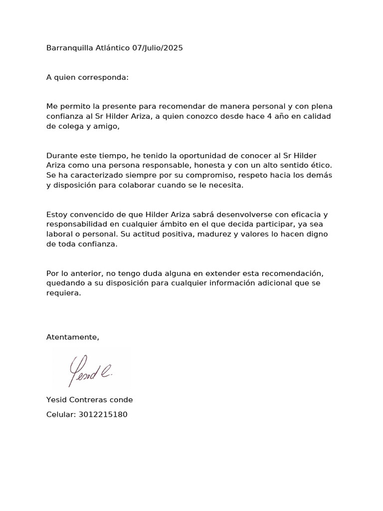 Carta de Recomendacion Hilder Ariza | PDF