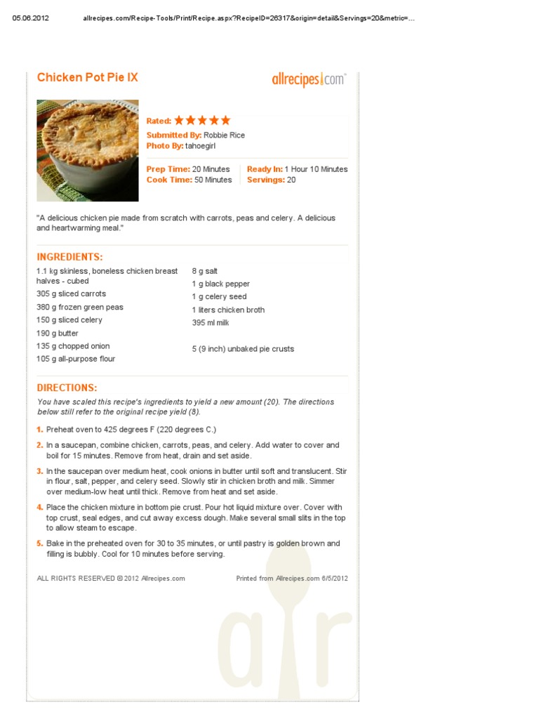Chicken Pot Pie Recipe for 20 Servings | PDF | Wellness