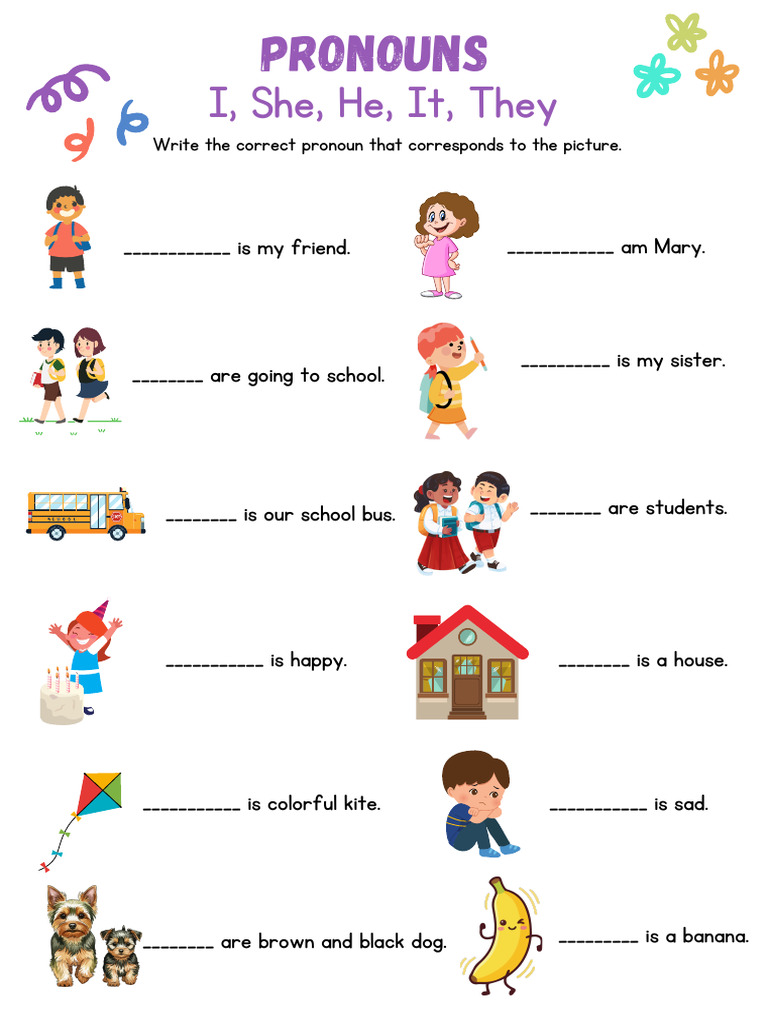 Pink Illustrative Pronouns Worksheet | PDF
