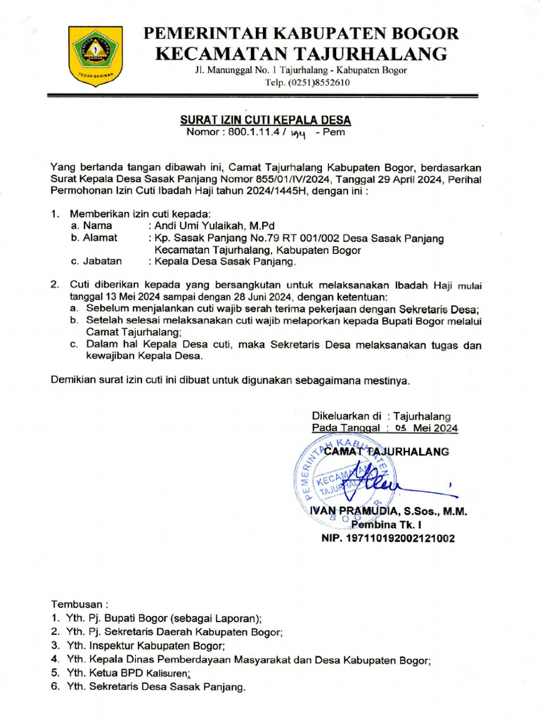 Surat Ijin Cuti Dan SK PLT Sasak Panjang | PDF