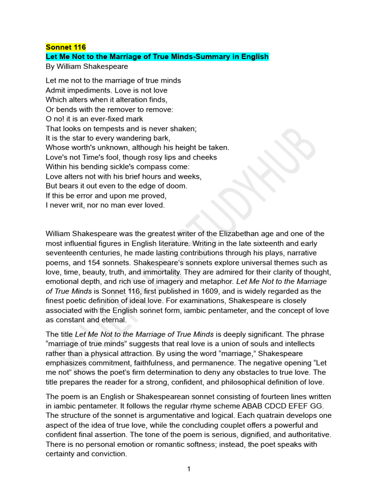 Eng Summary-Let Me Not to the Marriage of True Minds | PDF | Poetry ...