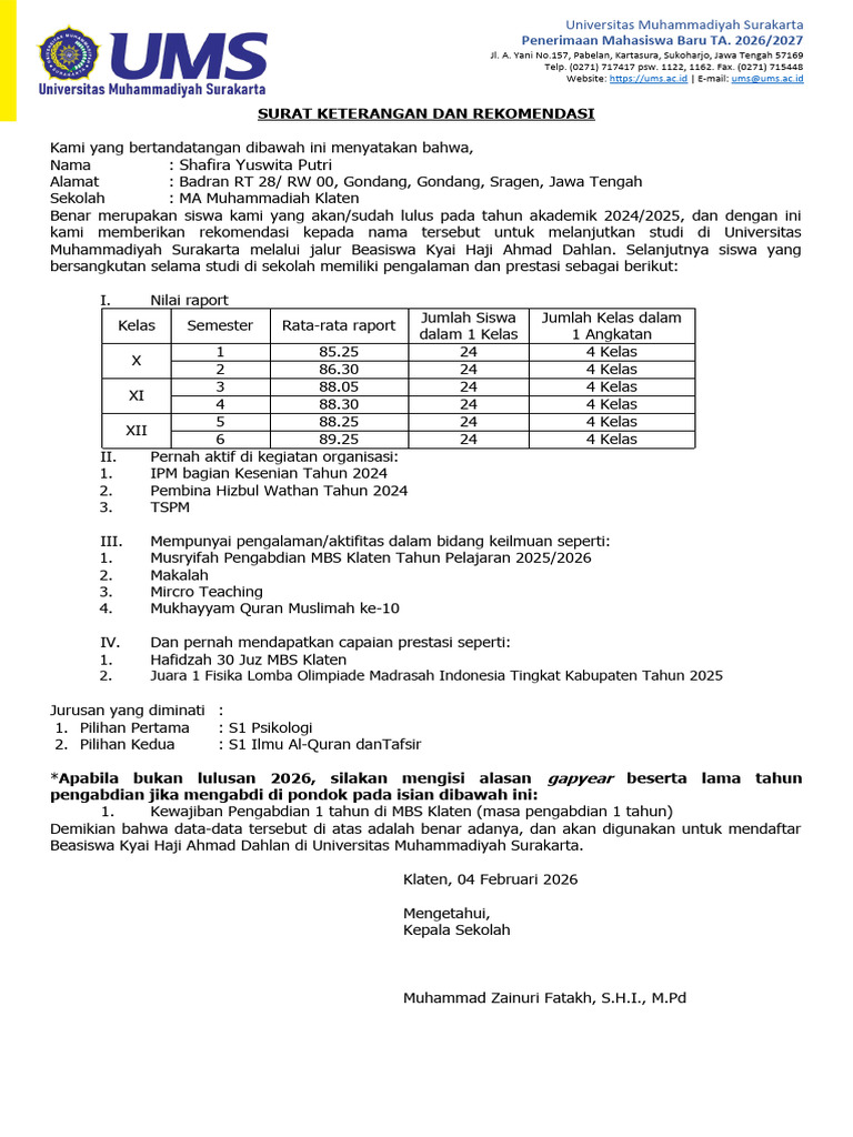 Surat Keterangan Dan Rekomendasi Beasiswa Ums | PDF