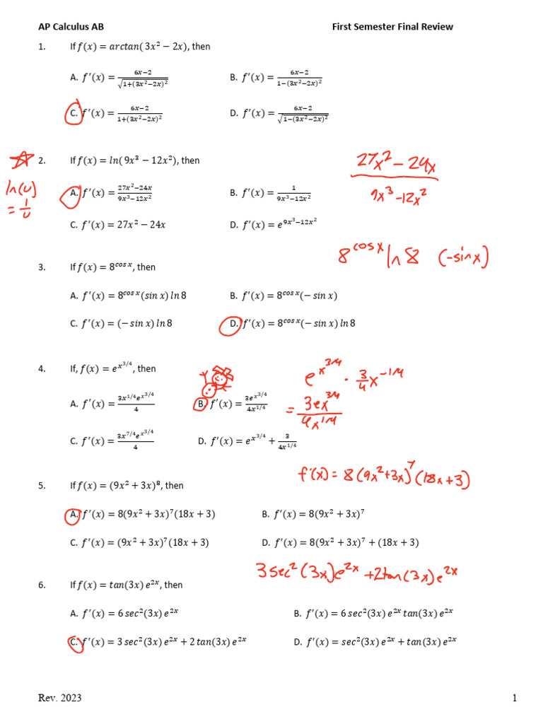 AB First Semester Final Review 2023 | PDF | Calculus | Mathematics