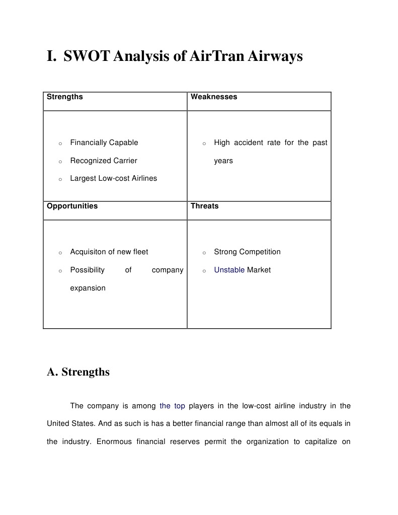 I. Swot Analysis of Airtran Airways: A. Strengths | PDF | Airlines ...