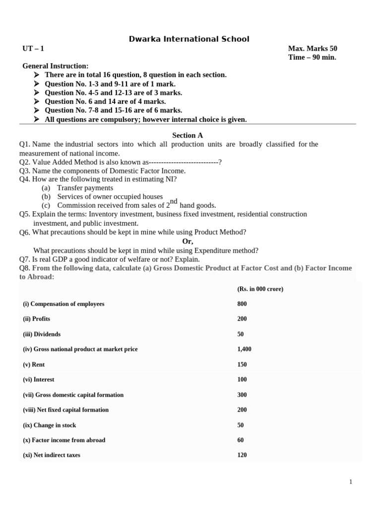 Question Paper of Class 12 UT 1 | PDF | Gross Domestic Product | Economies