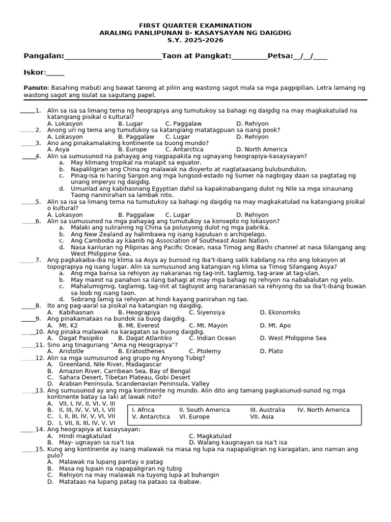 1st Quarter Exam AP8 SY 2025 2026 | PDF