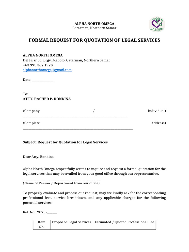 Formal Request for Quotation of Legal Services | PDF